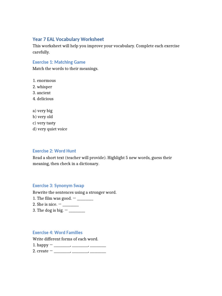 Y7 EAL Vocabulary Worksheet | PDF