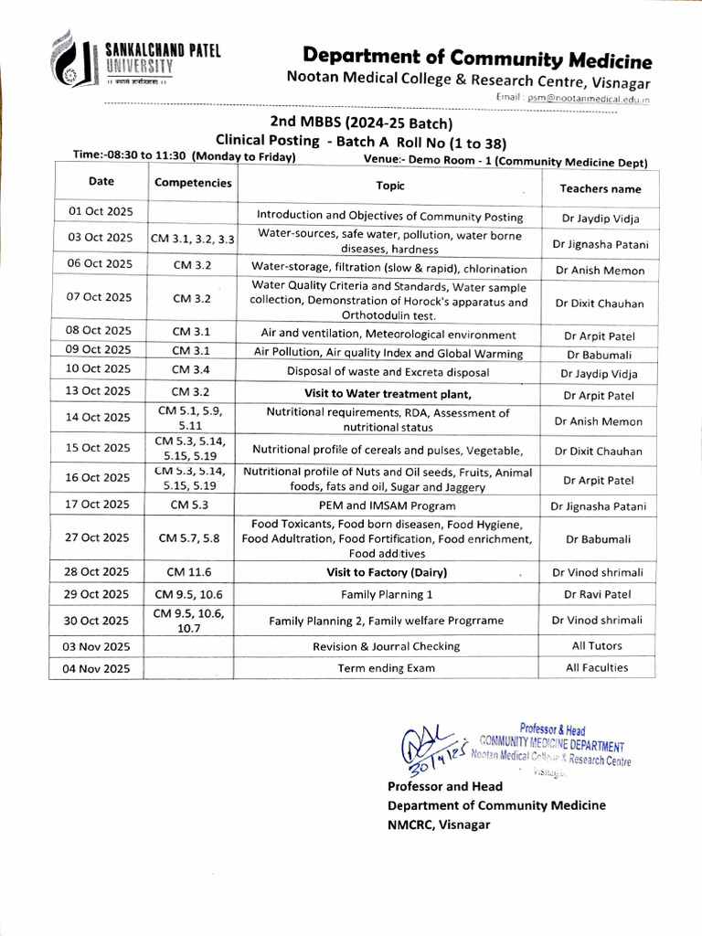 Community Medicine Clinical Posting Schedule | PDF | Foods