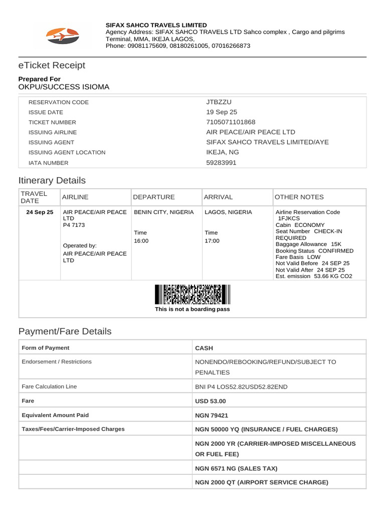 Electronic Ticket Receipt, September 24 For OKPU SUCCESS ISIOMA | PDF