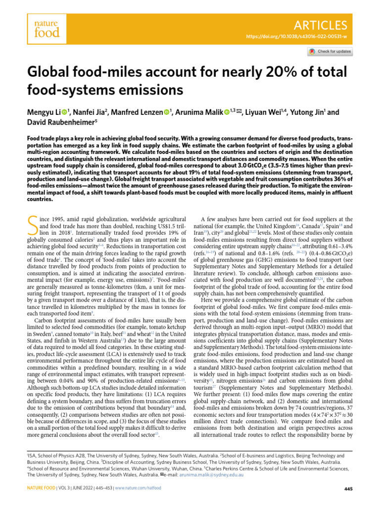 Global Food-Miles Account For Nearly 20% of Total Food Systems EF | PDF ...