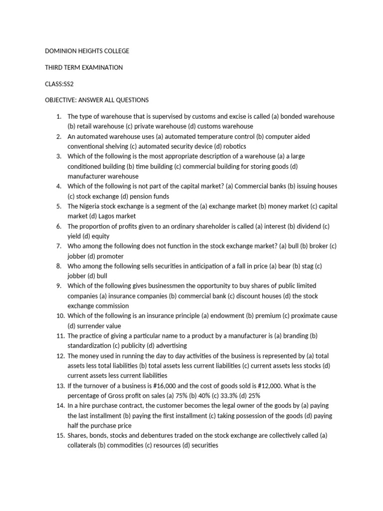 Third Term Commerce Exam SS2 | PDF | Stocks | Securities (Finance)
