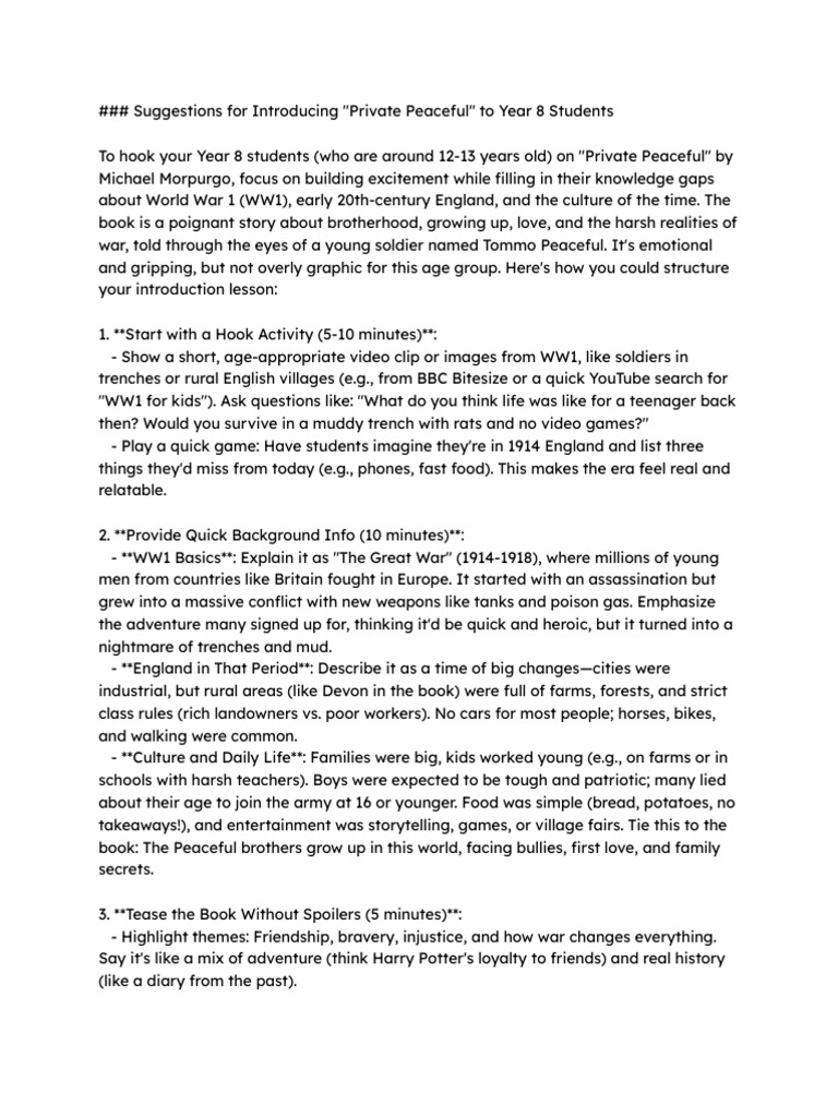 Engaging Year 8 with "Private Peaceful" | PDF