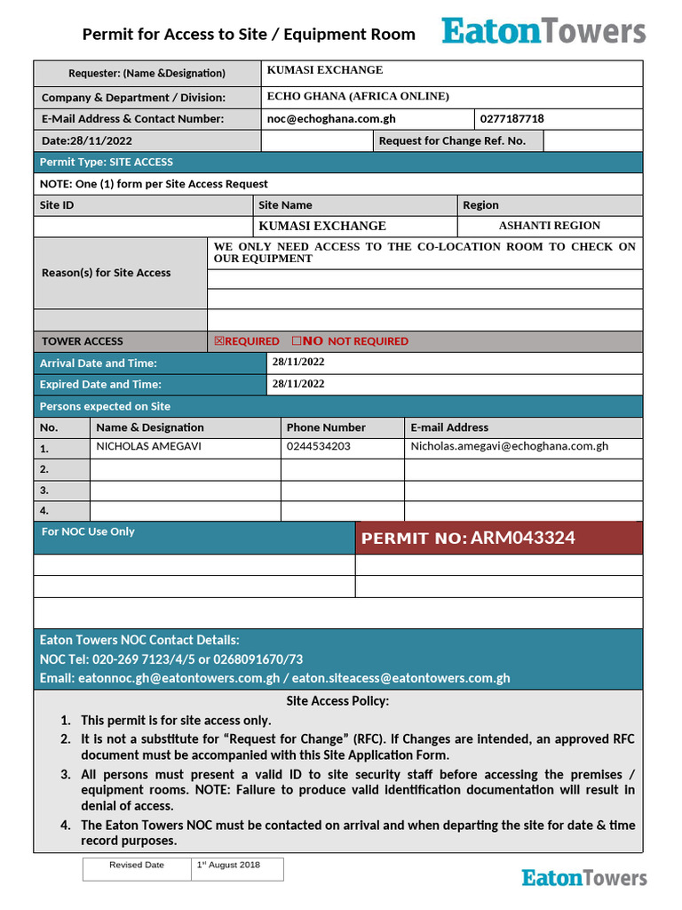 Eaton Access Form For Kumasi - Ex - GT New X | PDF
