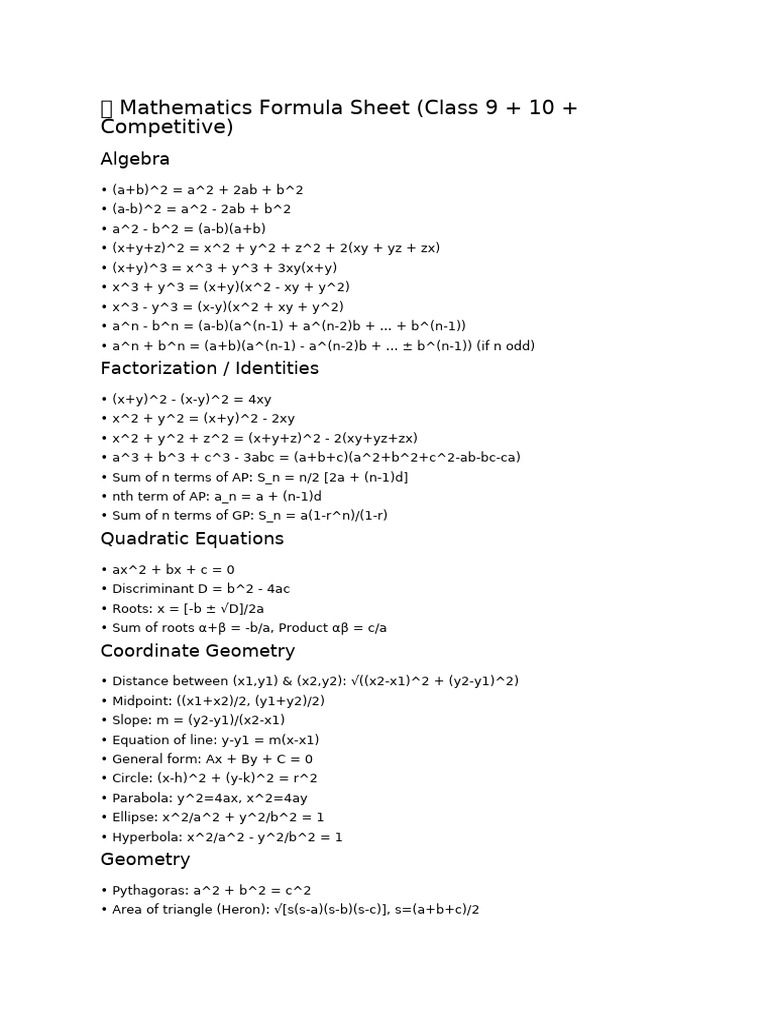 Essential Math Formulas for Class 9-10 | PDF | Area | Mathematics