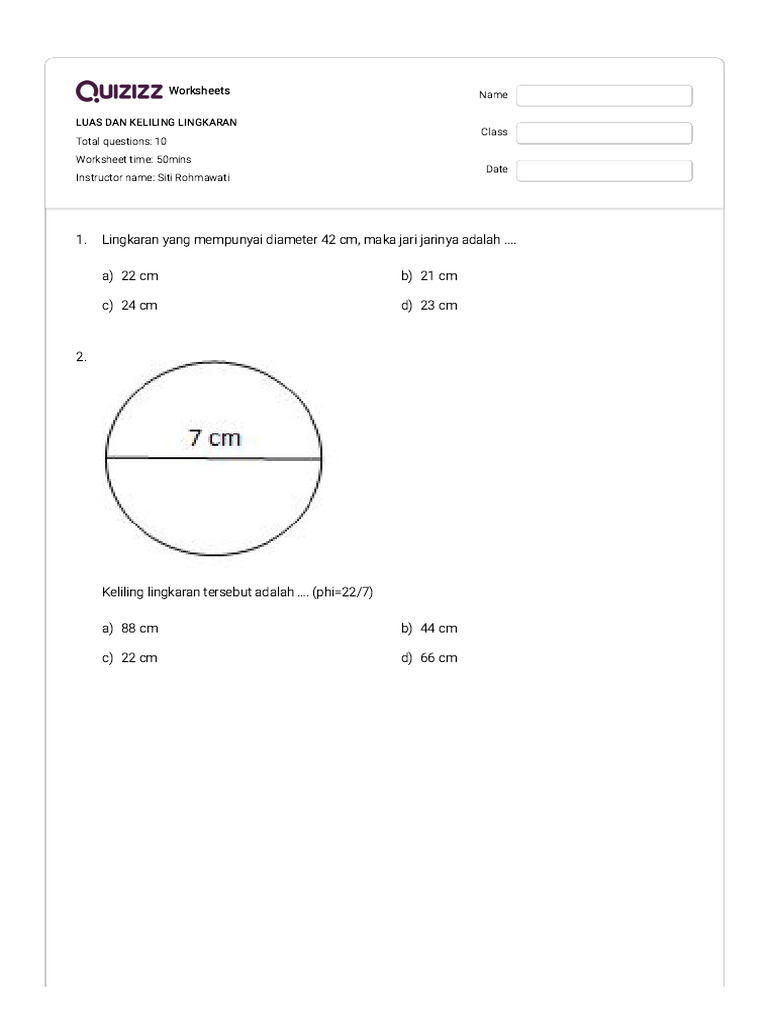 Worksheet Luas dan Keliling Lingkaran | PDF
