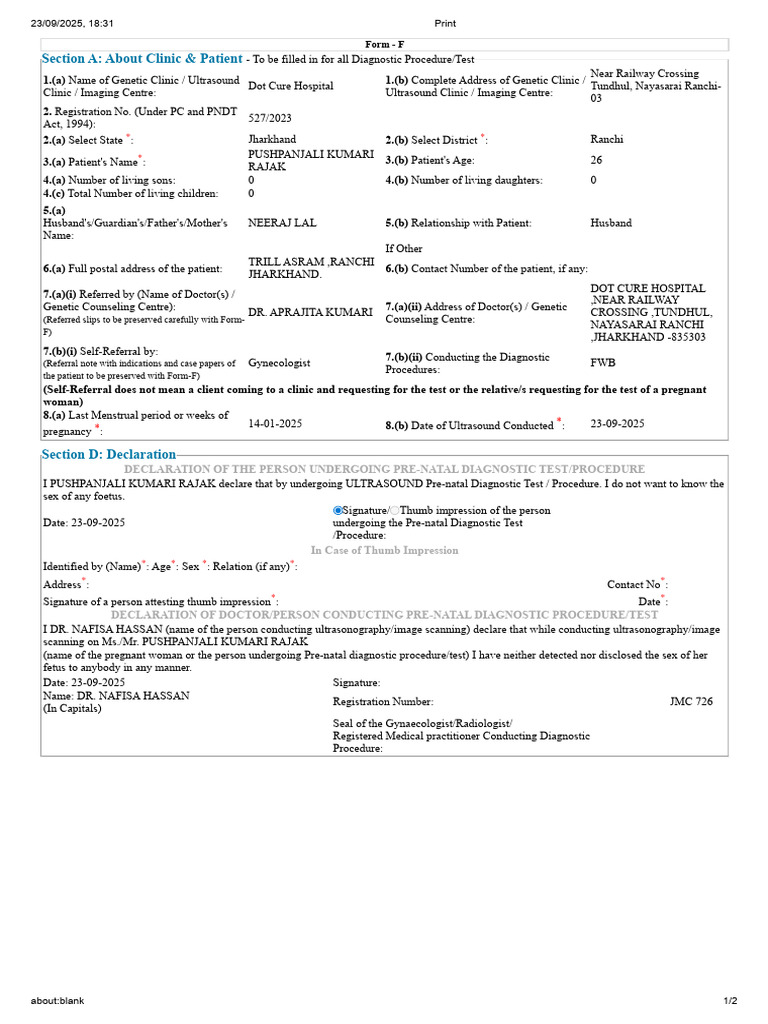 PNDT Form Pushpanjali Rajak | PDF | Pregnancy | Preterm Birth