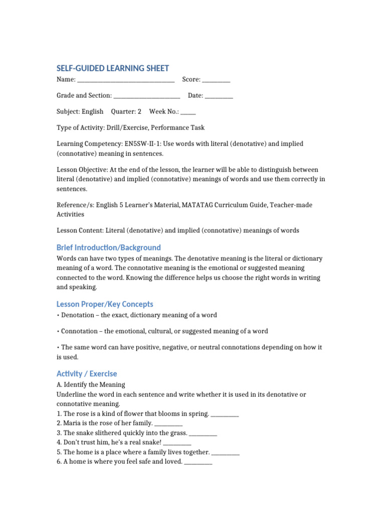 Self Guided Learning Sheet English5 Q2 | PDF | Learning | Cognition