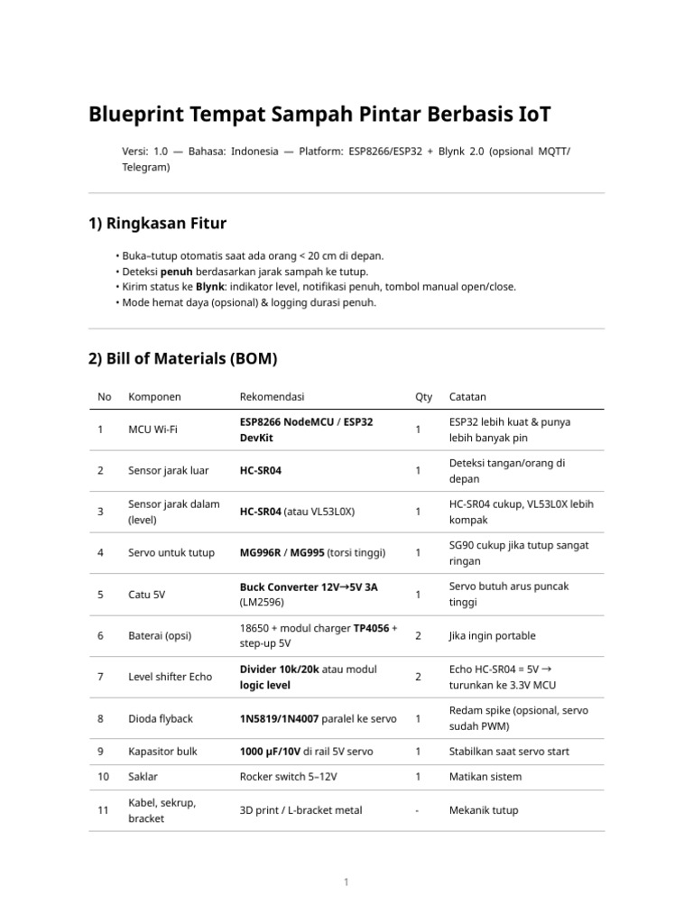 Blueprint Tempat Sampah Pintar Berbasis Io T (Esp8266 - Esp32 + Blynk) | PDF