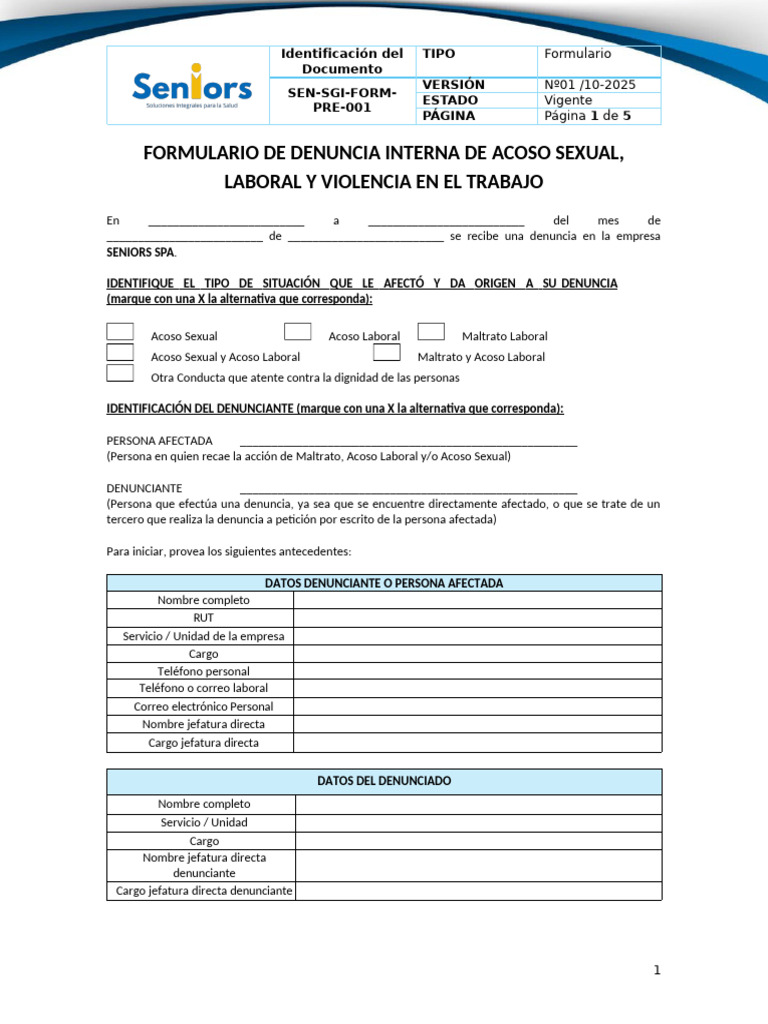 Sen-sgi-Form-pre-001 Formulario Denuncia Interna Ley Karin | PDF ...