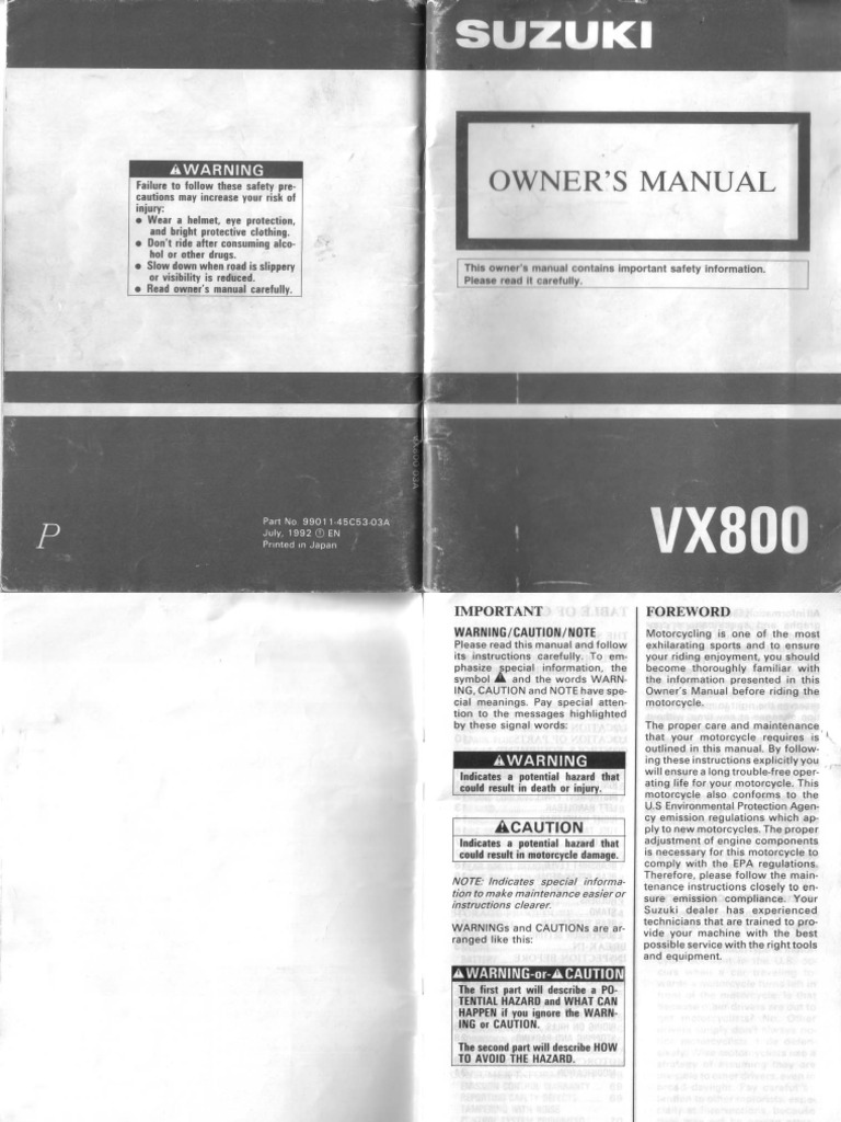Suzuki vx800 1992 Owner Manual | PDF
