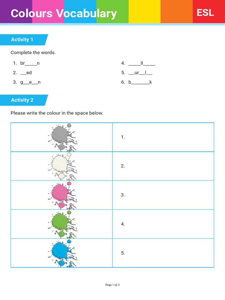Colours Vocabulary Worksheet v2 | PDF