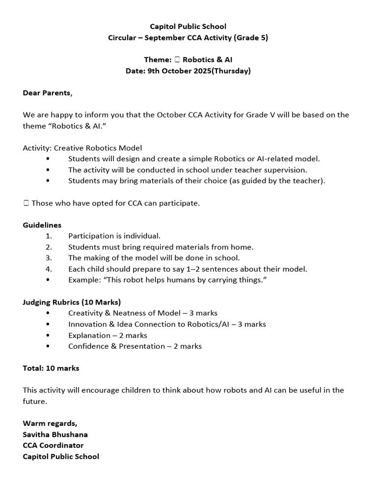 Grade 5 Robotics & AI CCA Activity | PDF