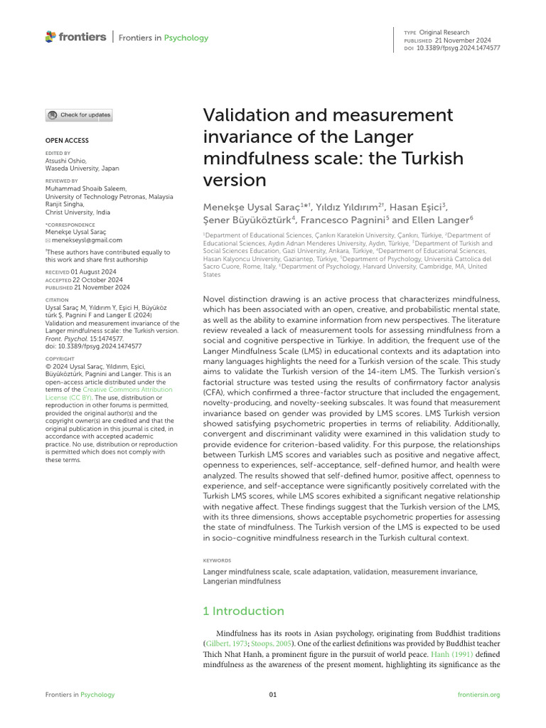Validation and Measurement Invariance of The Langer Mindfulness Scale ...
