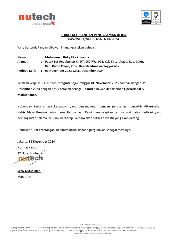 Paklaring Muhammad Rizky Eka Zunanda | PDF