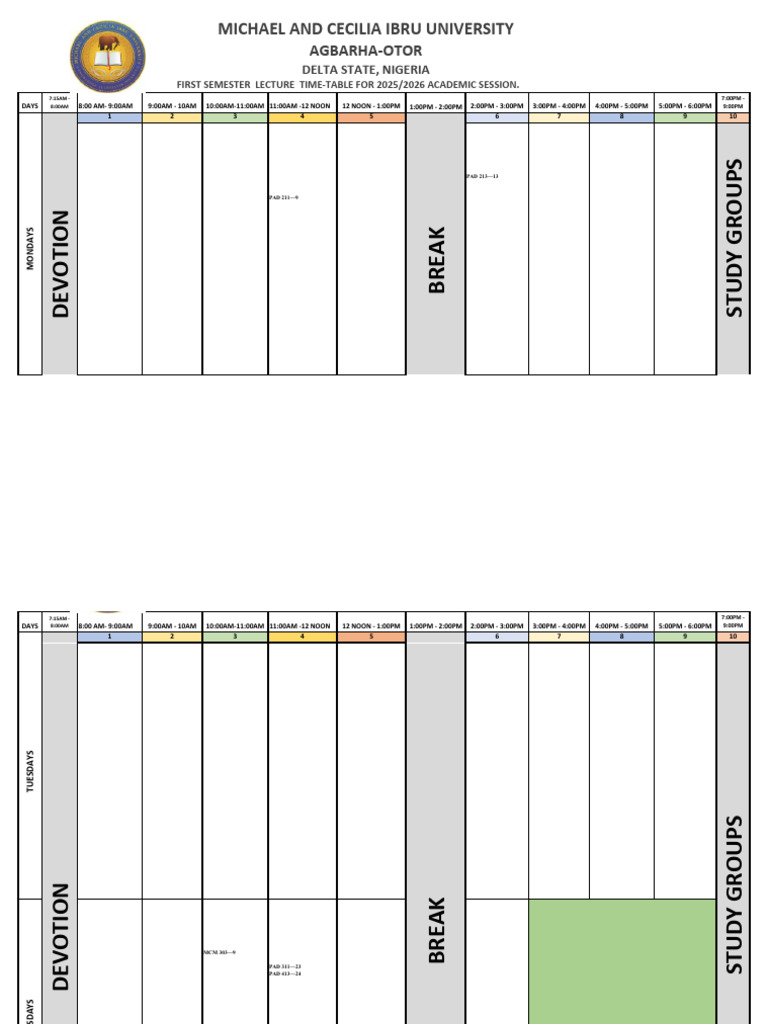First Sem Lecture Time Table For Mciu | PDF
