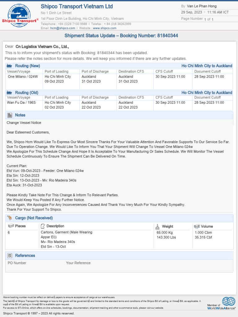 Shipment Status Update: Booking 81840344 | PDF | Cargo | Logistics