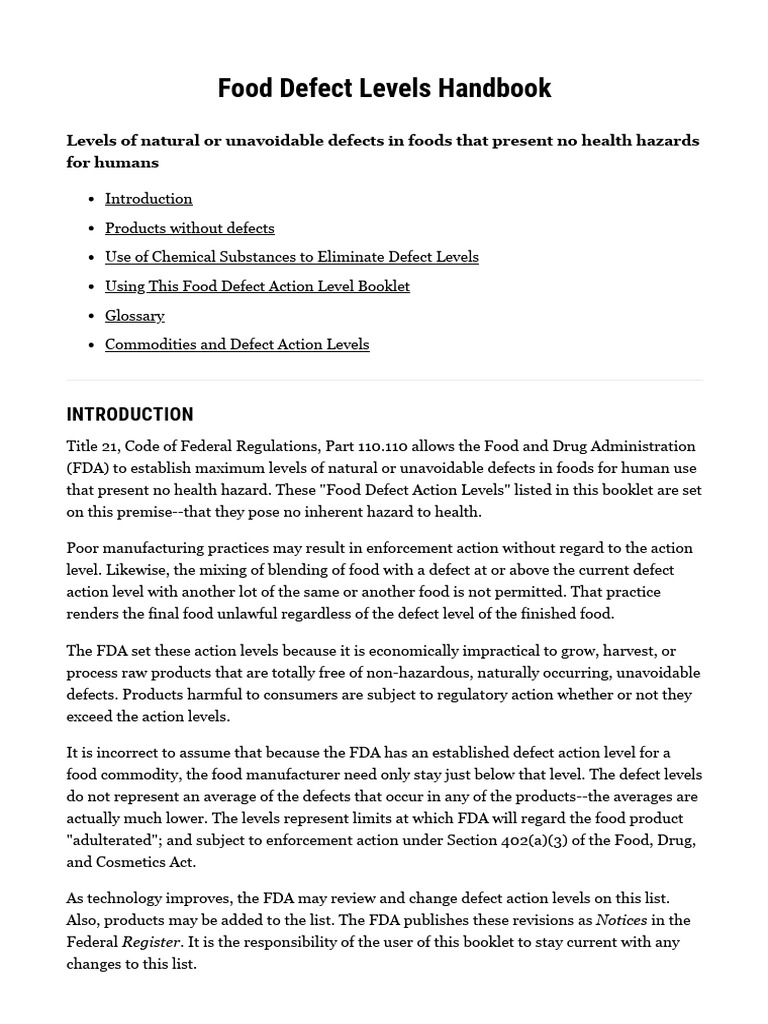FDA Food Defect Levels Handbook | PDF | Decomposition | Food And Drug ...