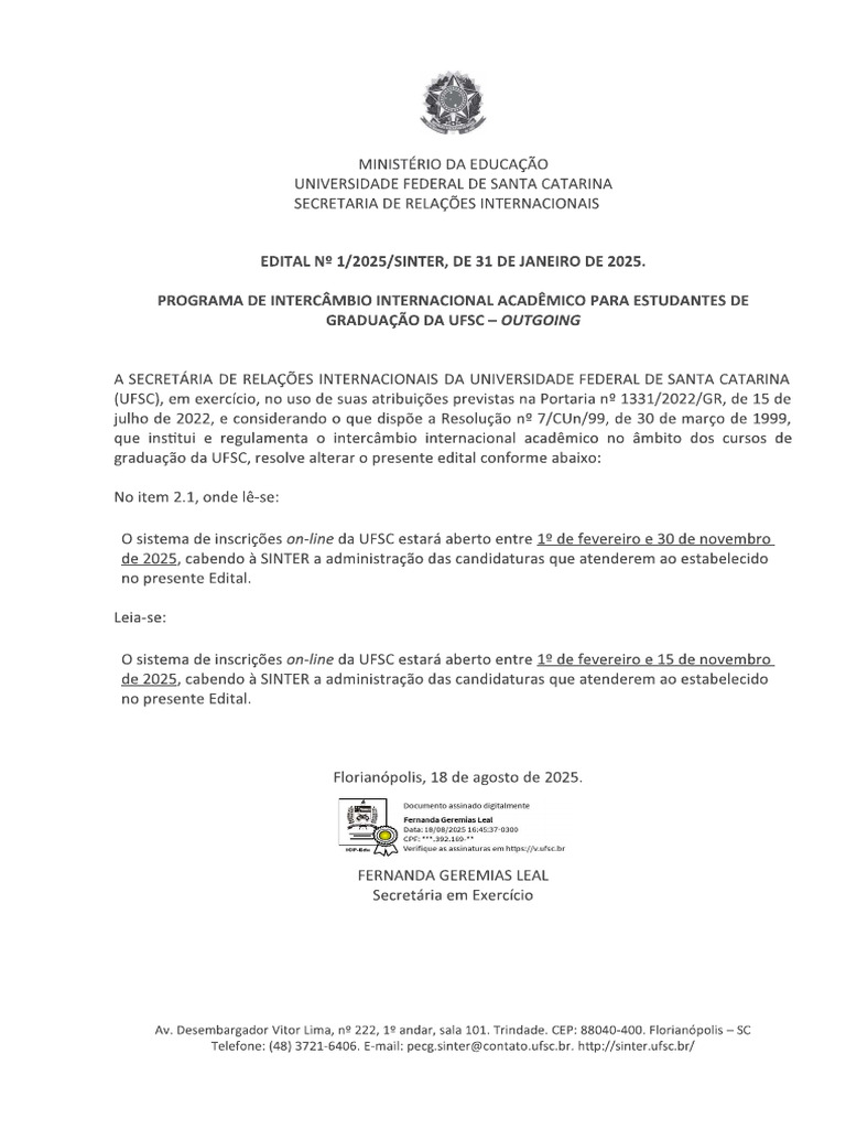 Retificacao Edital 1 SINTER 2025 - Outgoing | PDF