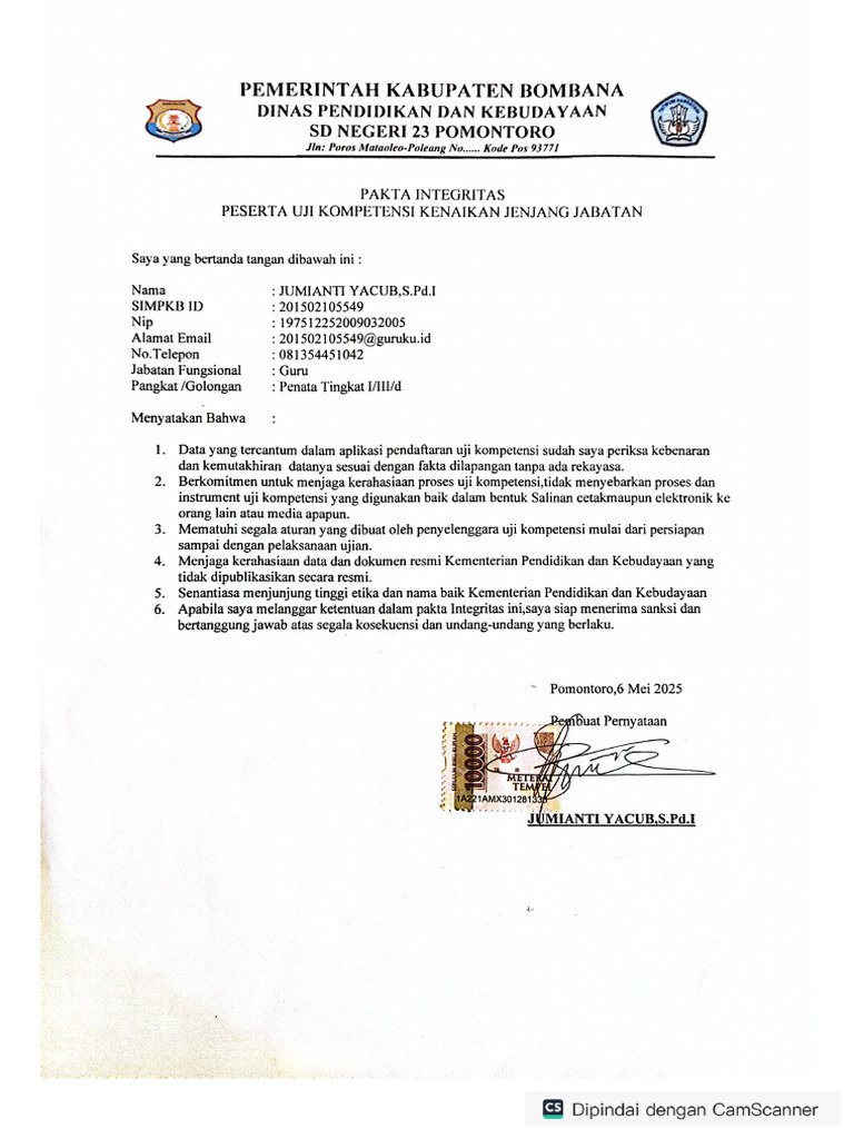 Pakta Integritas Uji Kompetensi-1 | PDF