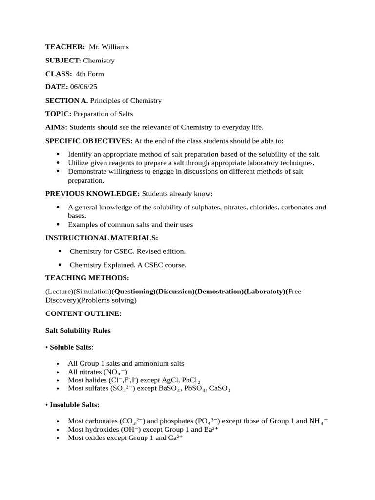 Salt Preparation Methods in Chemistry | PDF | Salt (Chemistry) | Solubility