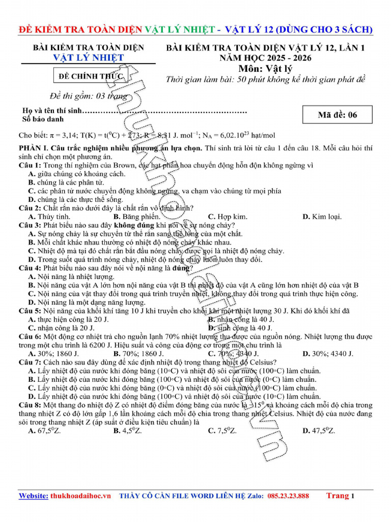 De Kiem Tra Toan Dien Chuong Vat Ly Nhiet - Vat Ly 12 (3 Phan) de So 01 ...