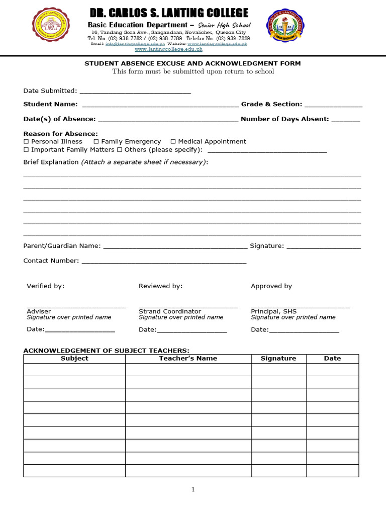 Student Absence Excuse Form | PDF
