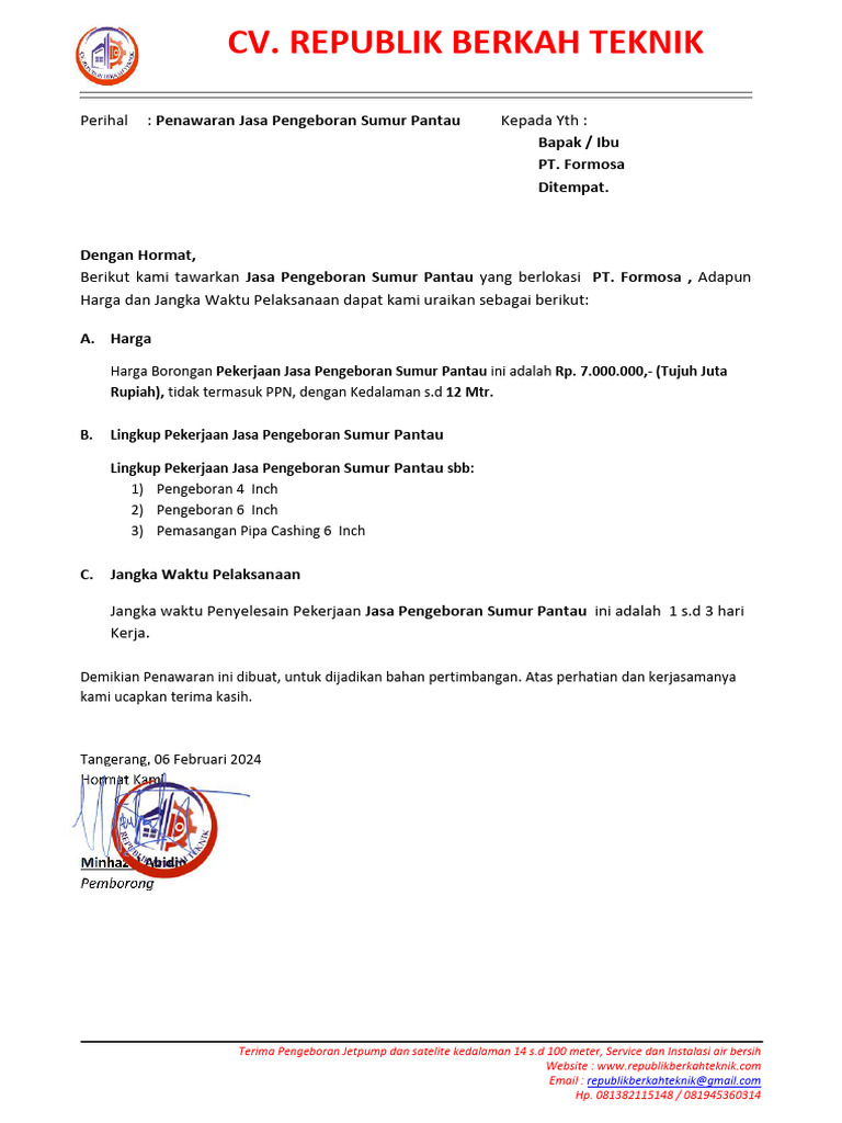 Penawaran Jasa Pengeboran Sumur Pantau | PDF