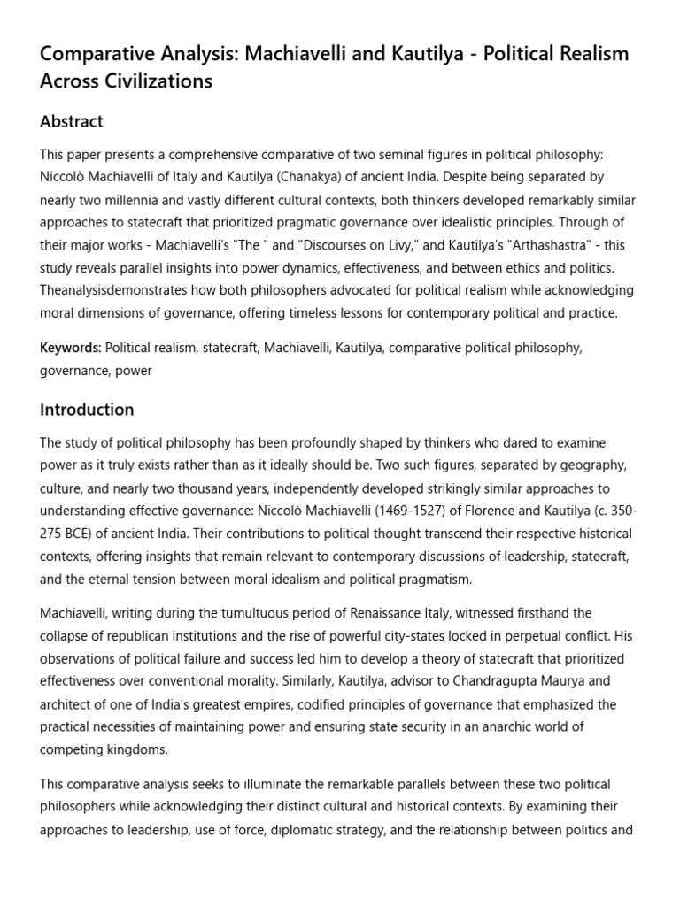 Comparative Study of Machiavelli and Kautilya | PDF | Niccolò ...