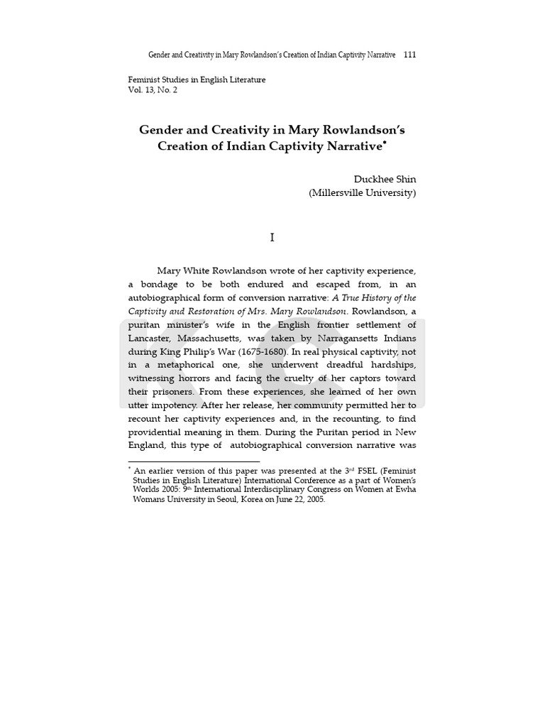 Gender and Creativity in Mary Rowlandson's Indian Captivity Narrative | PDF | Narrative | Puritans