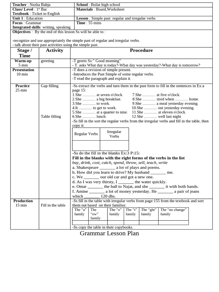 Lesson Plan - Grammar Simple Past Regular and Irregular Verbs | PDF ...