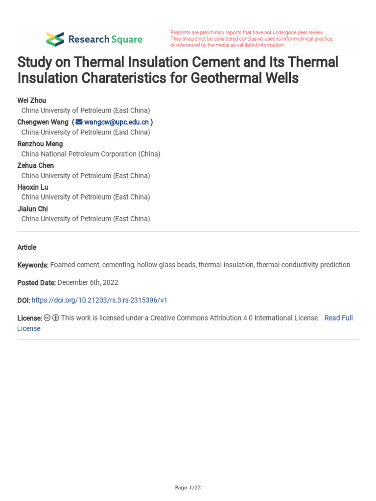 Thermal Insulation Cement for Geothermal Wells | PDF | Foam | Glasses