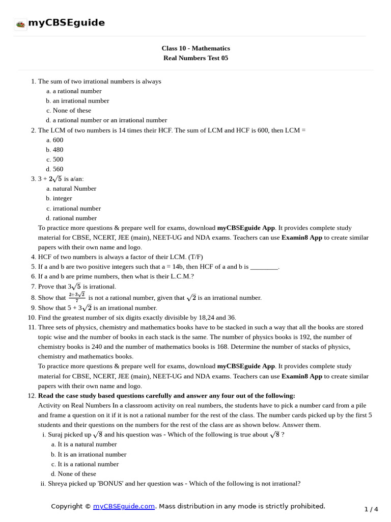 Class 10 Real Numbers Math Test | PDF | Numbers | Discrete Mathematics