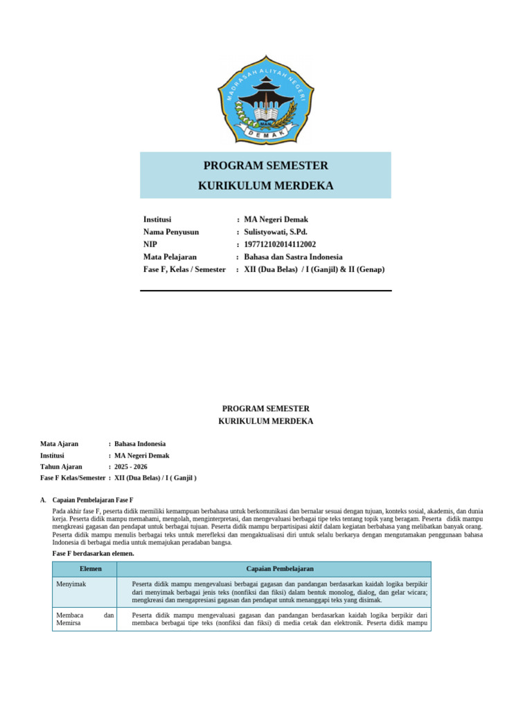 Program Semester Bahasa Indonesia 2025 | PDF