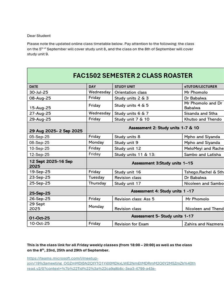 Updated Class Timetable and Online Class Links | PDF