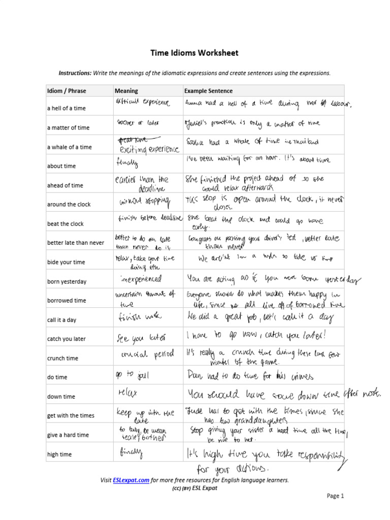 Zad 7531 TIME Idioms Worksheet A | PDF