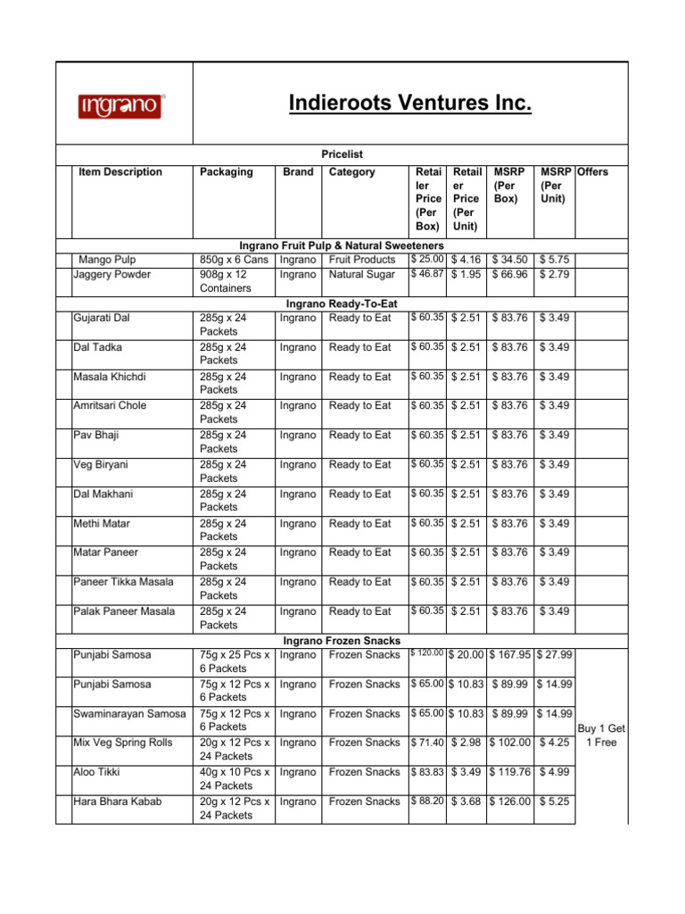 Ingrano Product Pricing List | PDF | Spice | Food And Drink
