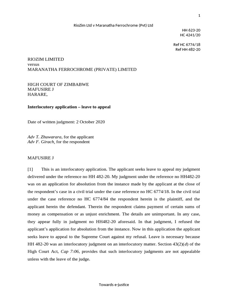 Interlocutory Application - Leave To Appeal: Adv T. Zhuwarara Adv F ...