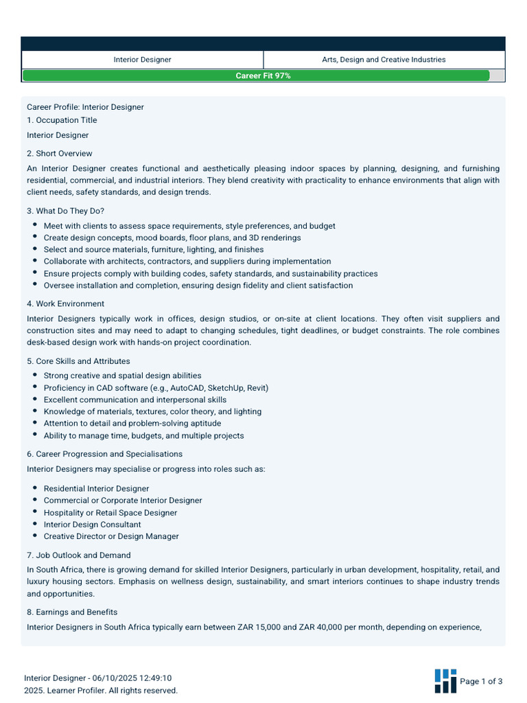 Interior Designer Career Overview Guide | PDF | Interior Design | Skill