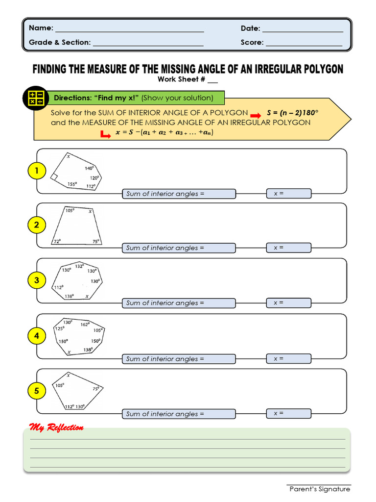 Finding The Missing Angle of A Polygons Worksheet | PDF