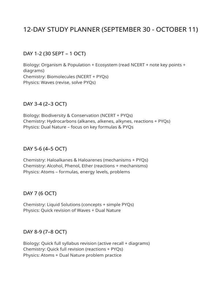 NEET Study Plan 12 Days | PDF
