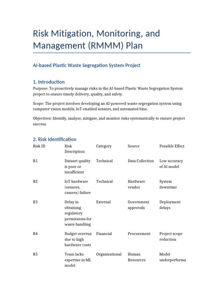 RMMM Plan AI Waste Segregation | PDF | Risk Management | Risk