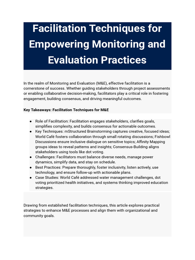 Facilitation Techniques For Monitoring and Evaluation PDF | PDF ...