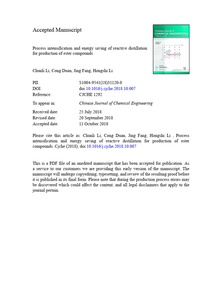 Process Intensification and Energy Saving of Reactive Distillation for ...