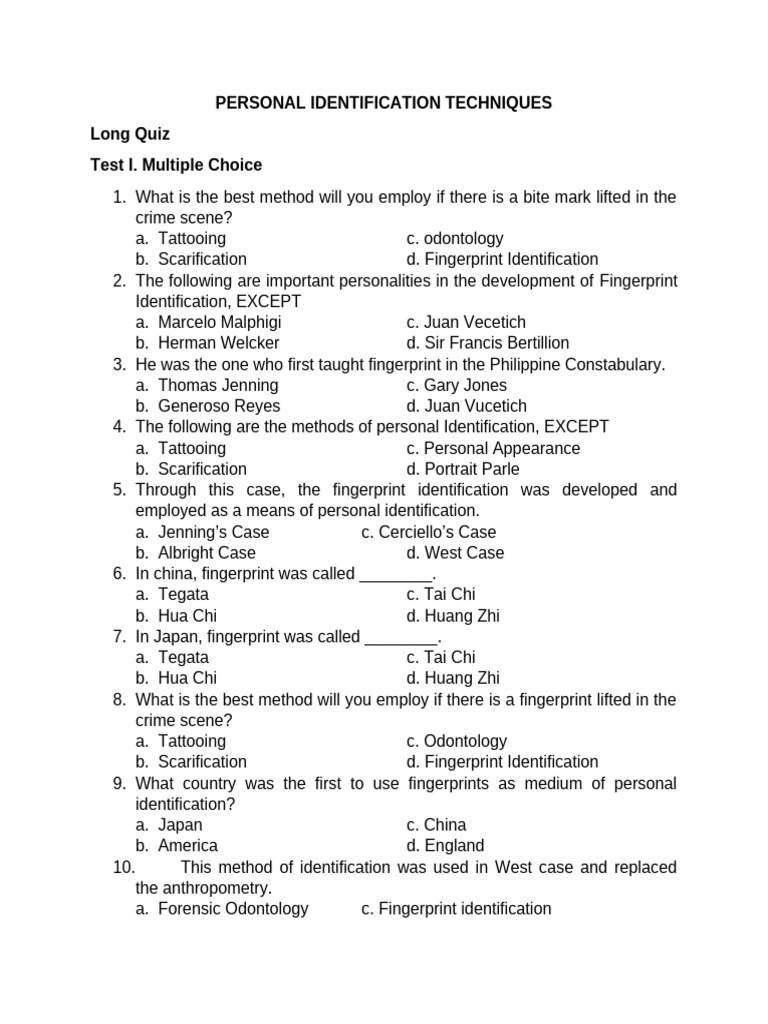 Personal Identification Techniques Quiz | PDF | Fingerprint | Forensic ...