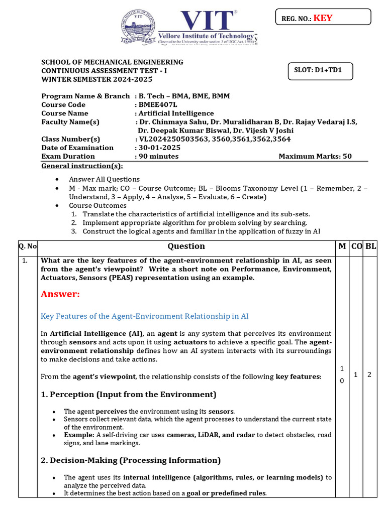 D1 CAT1 KEY BMEE407L Artificial - Intelligence | PDF | Artificial Intelligence | Intelligence ...