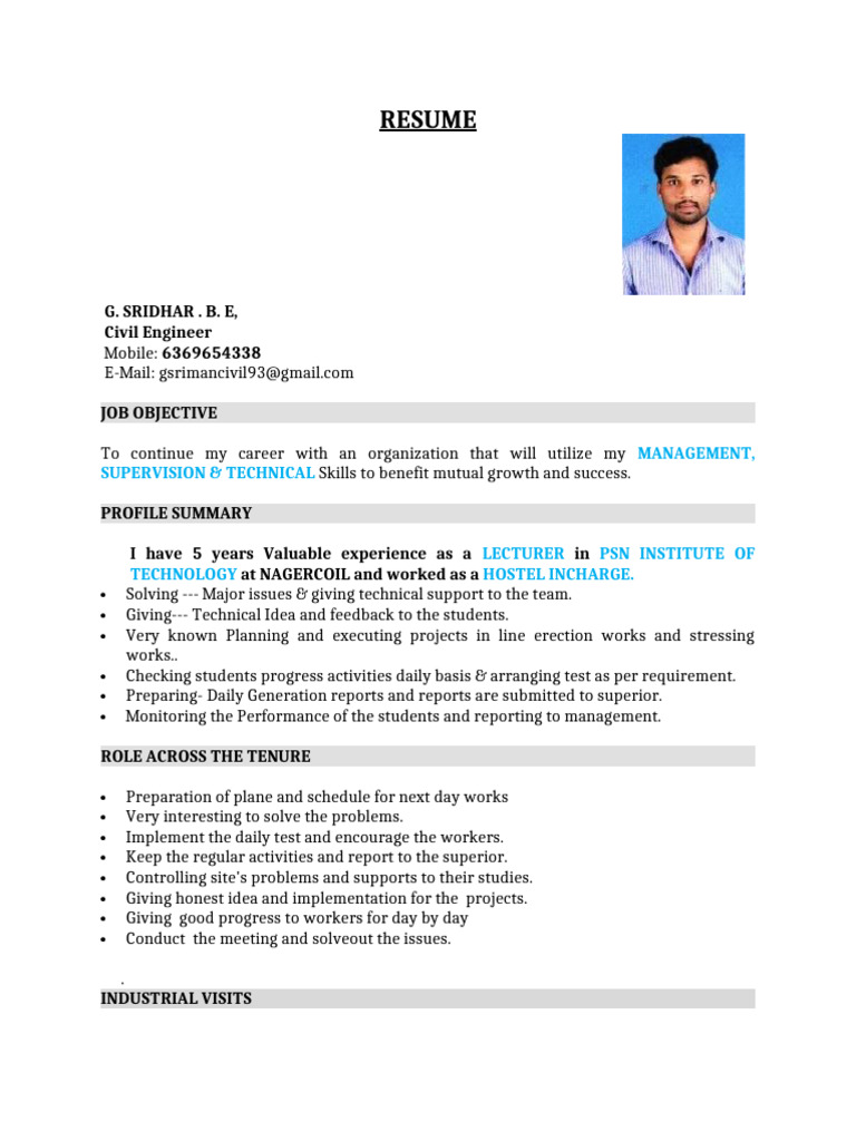 Resume: G. Sridhar - B. E, Civil Engineer 6369654338 | PDF
