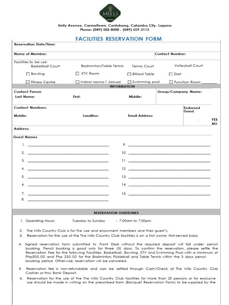 TMCCI Reservation Form Facilities Updated | PDF | Legal Liability ...