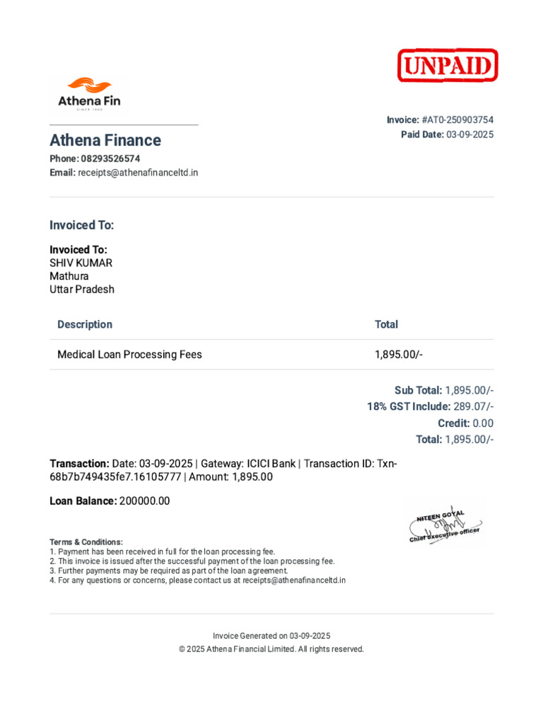 Athena Finance Loan Invoice Details | PDF