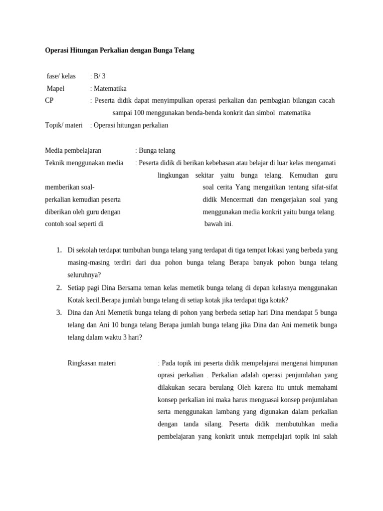 Operasi Hitungan Perkalian Dengan Bunga Telang | PDF