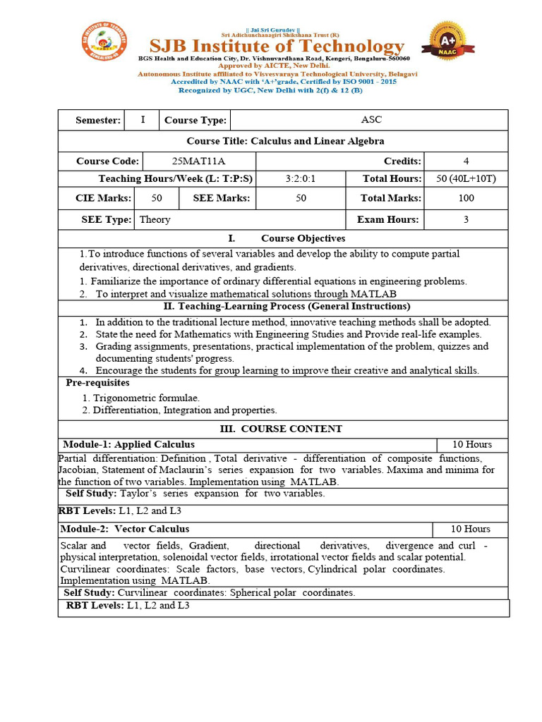 Calculus and Linear Algebra - 25MAT11 A | PDF | System Of Linear ...